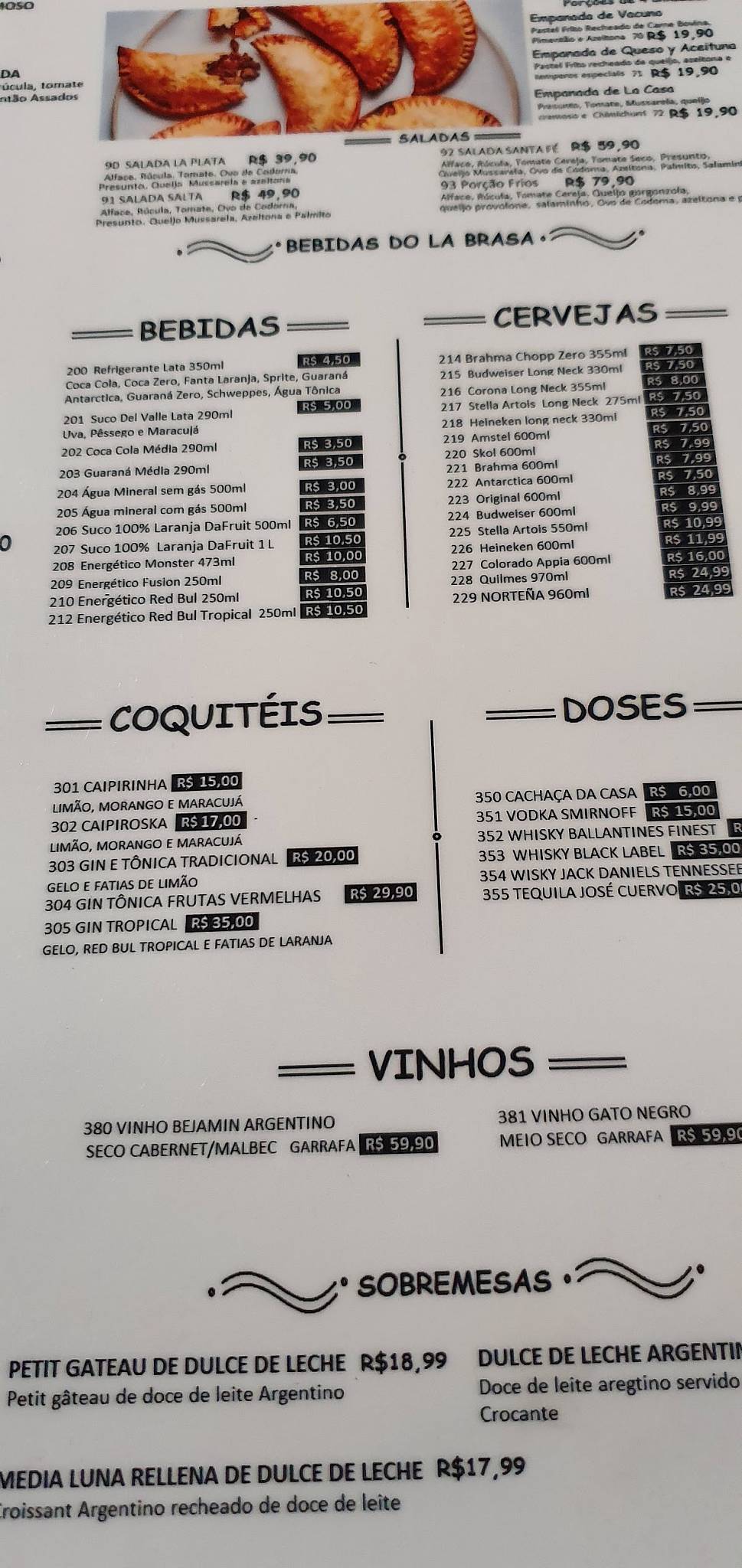 Carta de La Brasa Parrilla Argentina, Franca