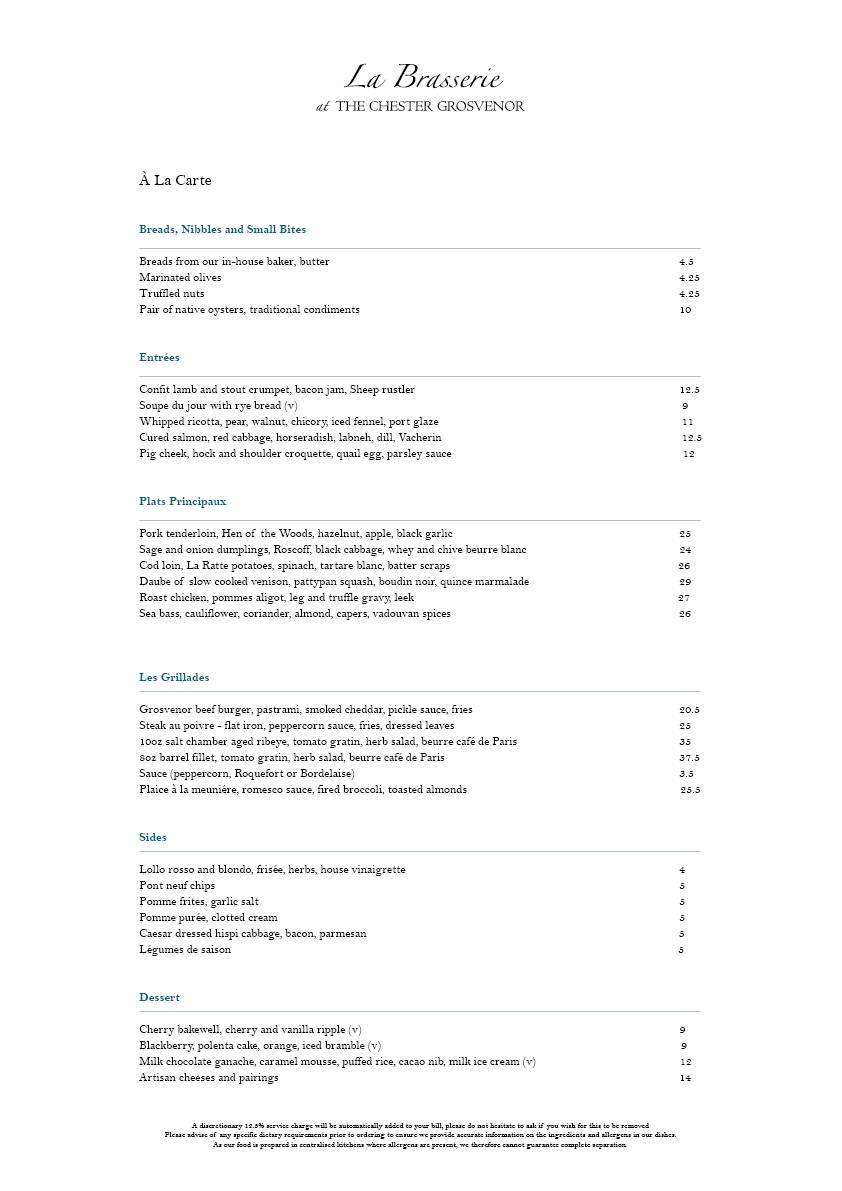 Menu at La Brasserie at The Chester Grosvenor restaurant, Chester