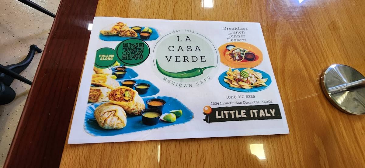 Menu at La Casa Verde restaurant, San Diego