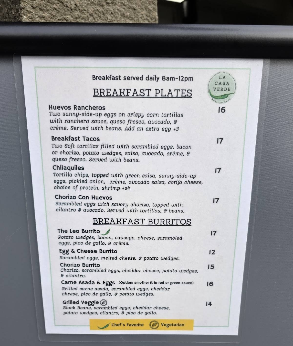 Menu at La Casa Verde restaurant, San Diego
