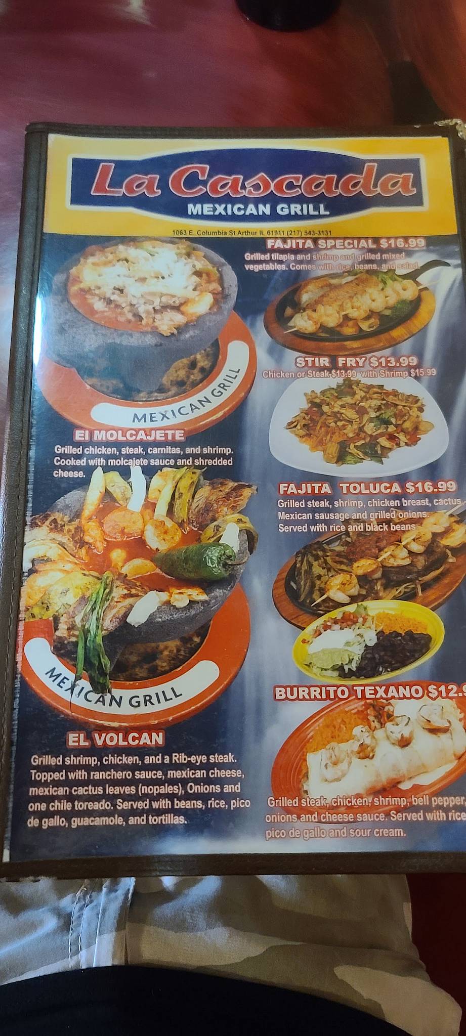 Menu at La Cascada Mexican Grill restaurant, Arthur