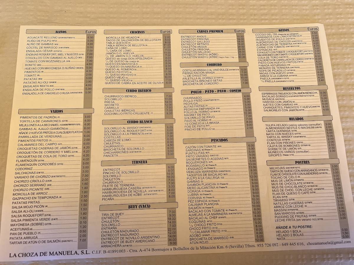 Carta de parrilla La Choza de Manuela, Bormujos, A-474