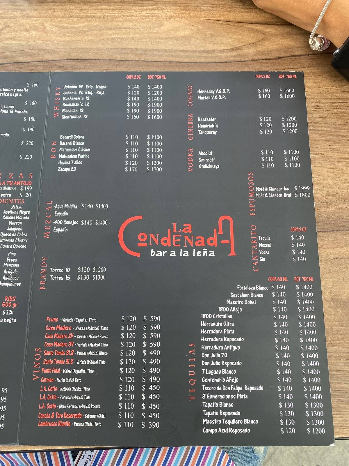 Carta de La Condenada bar a la leña, San Pedro Tlaquepaque, C. Vista a ...