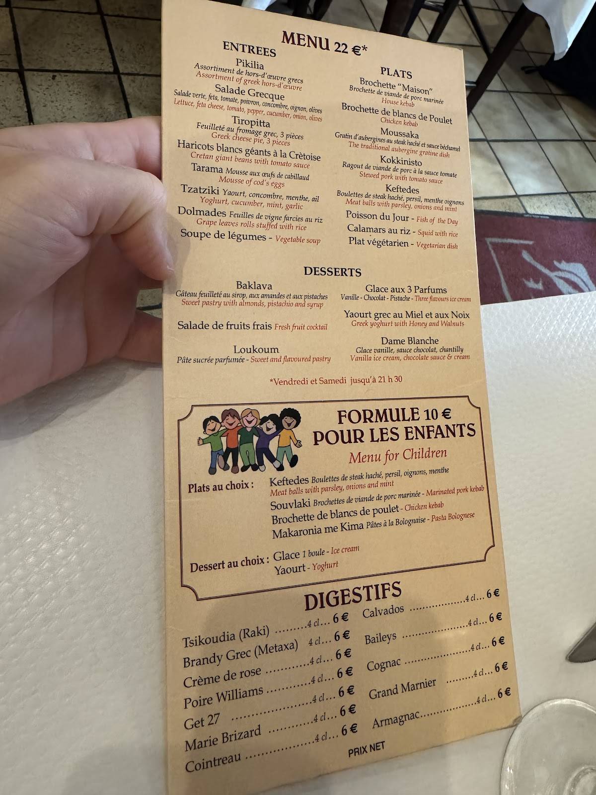 Menu au La Crète restaurant, Paris, 85 Rue Mouffetard