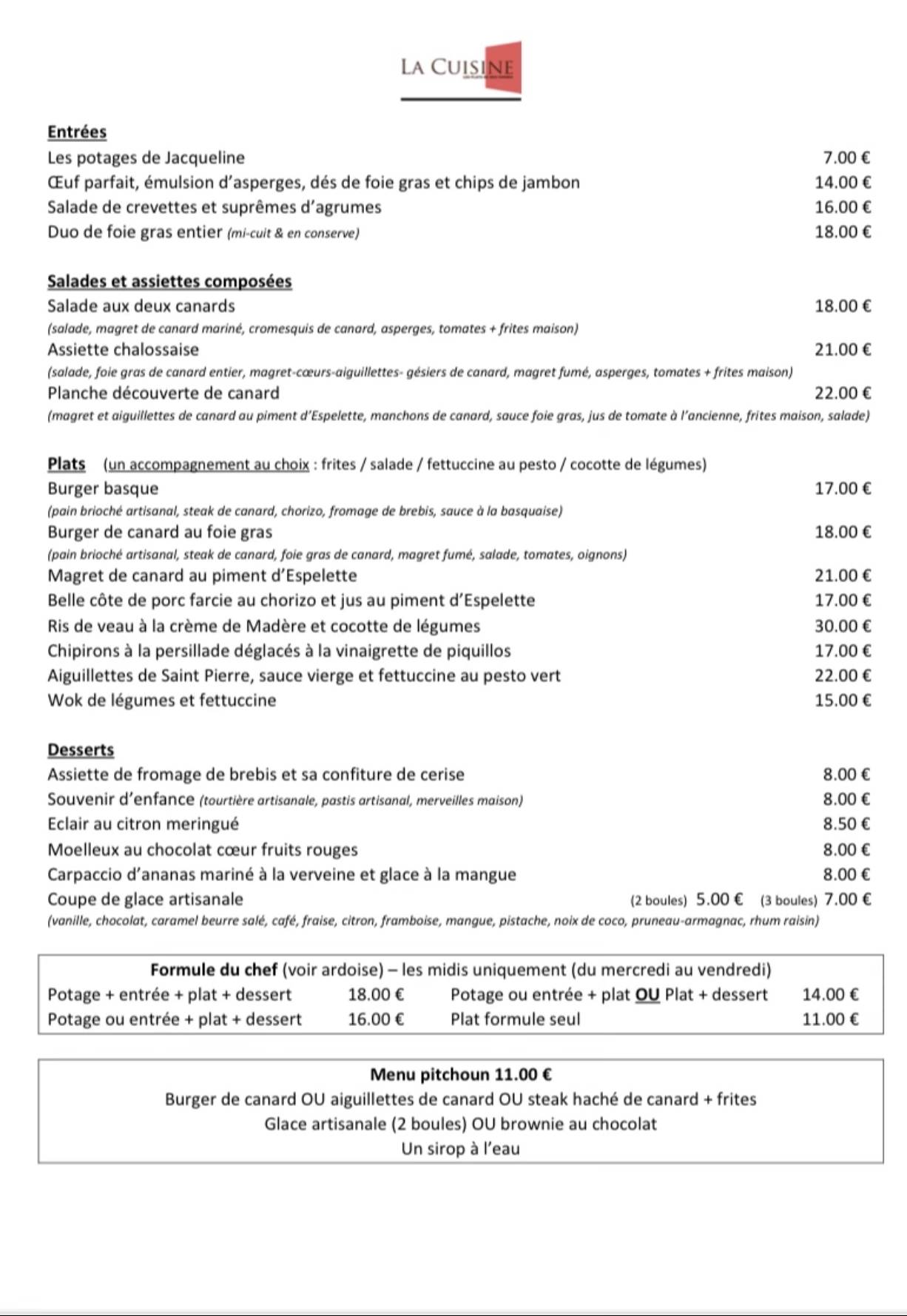 Carta del pub y bar La CuisineTerres d'Adour, Dax
