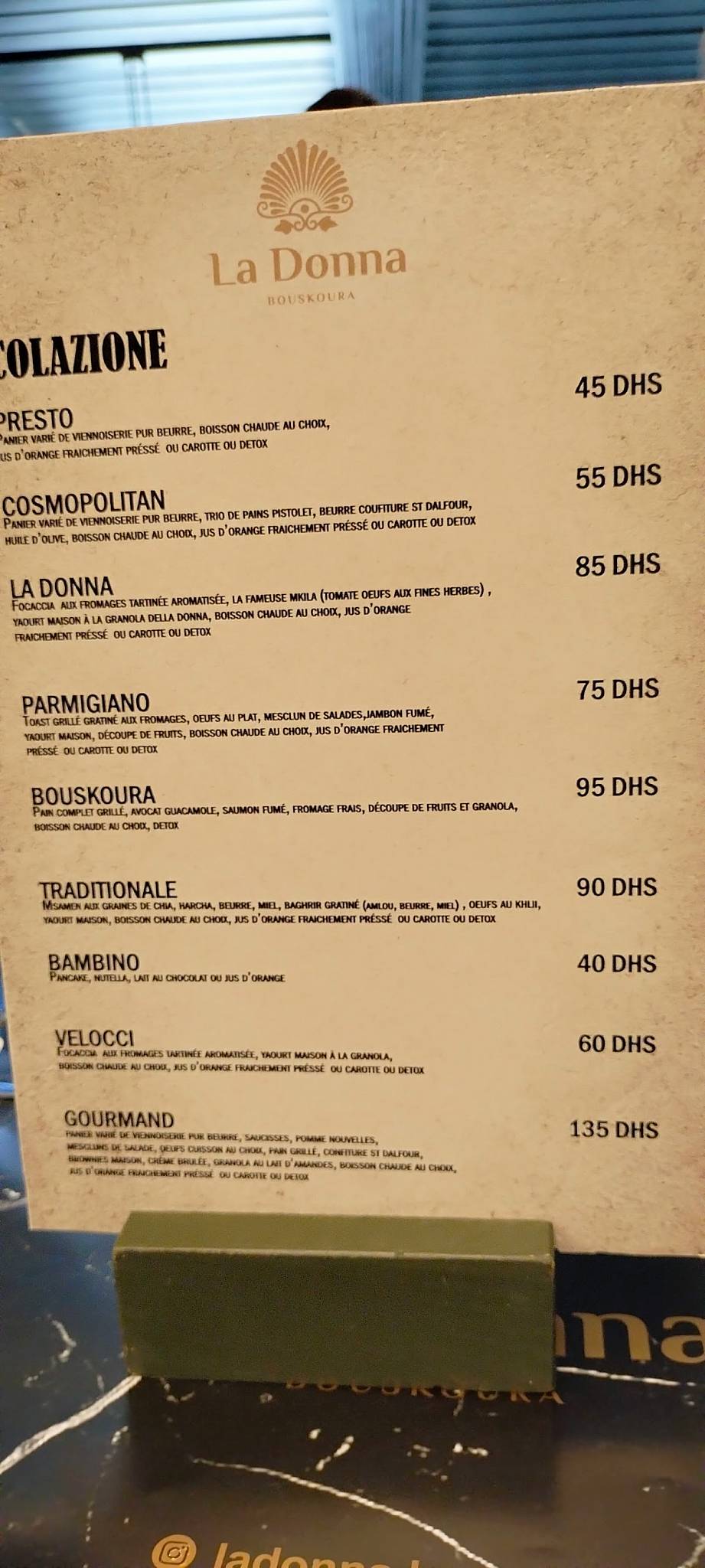 Menu au La Donna bouskoura restaurant, Bouskoura