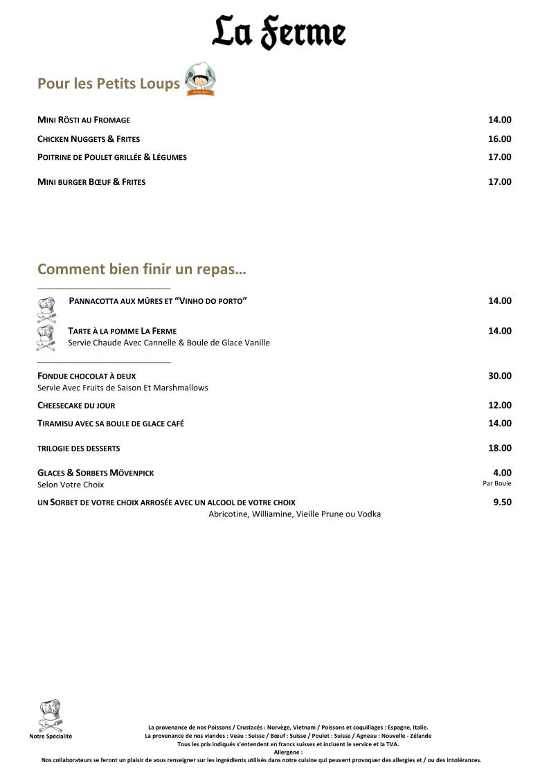 Menu da La Ferme, Ayer, Rue des Cinq 4000 22