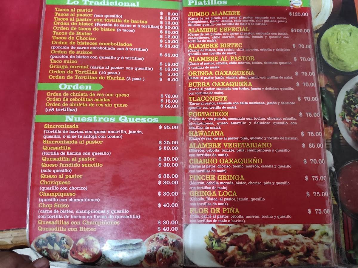 Carta del restaurante La Gringa Oaxaqueña, Oaxaca, Francisco I. Madero 1300
