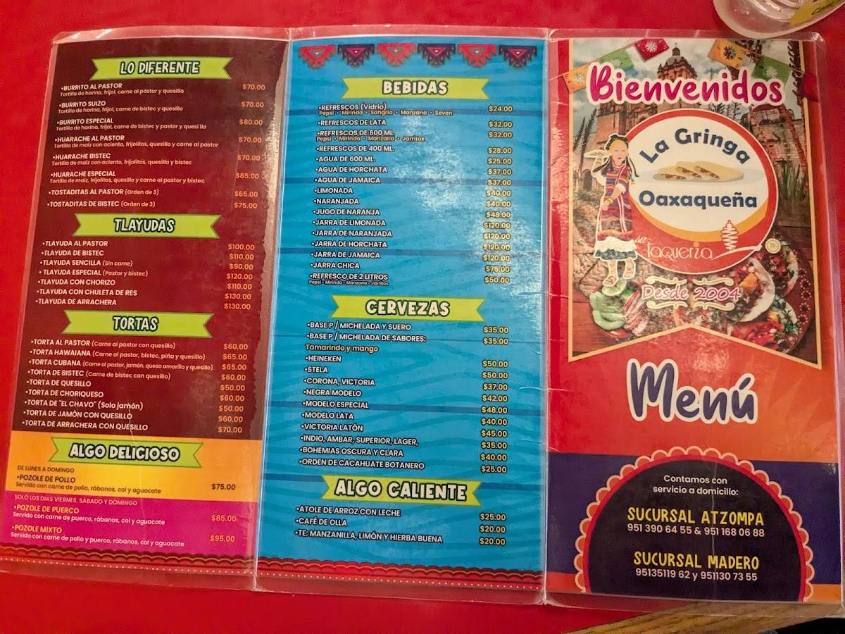 Menu at La Gringa Oaxaqueña restaurant, Oaxaca, Francisco I. Madero 1310