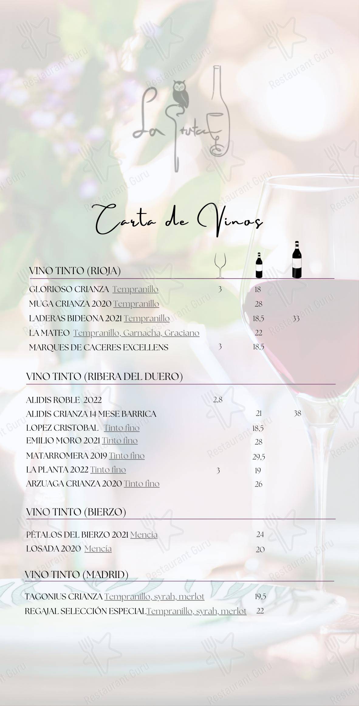 Menu at La Gruta de Valdebernardo restaurant, Madrid