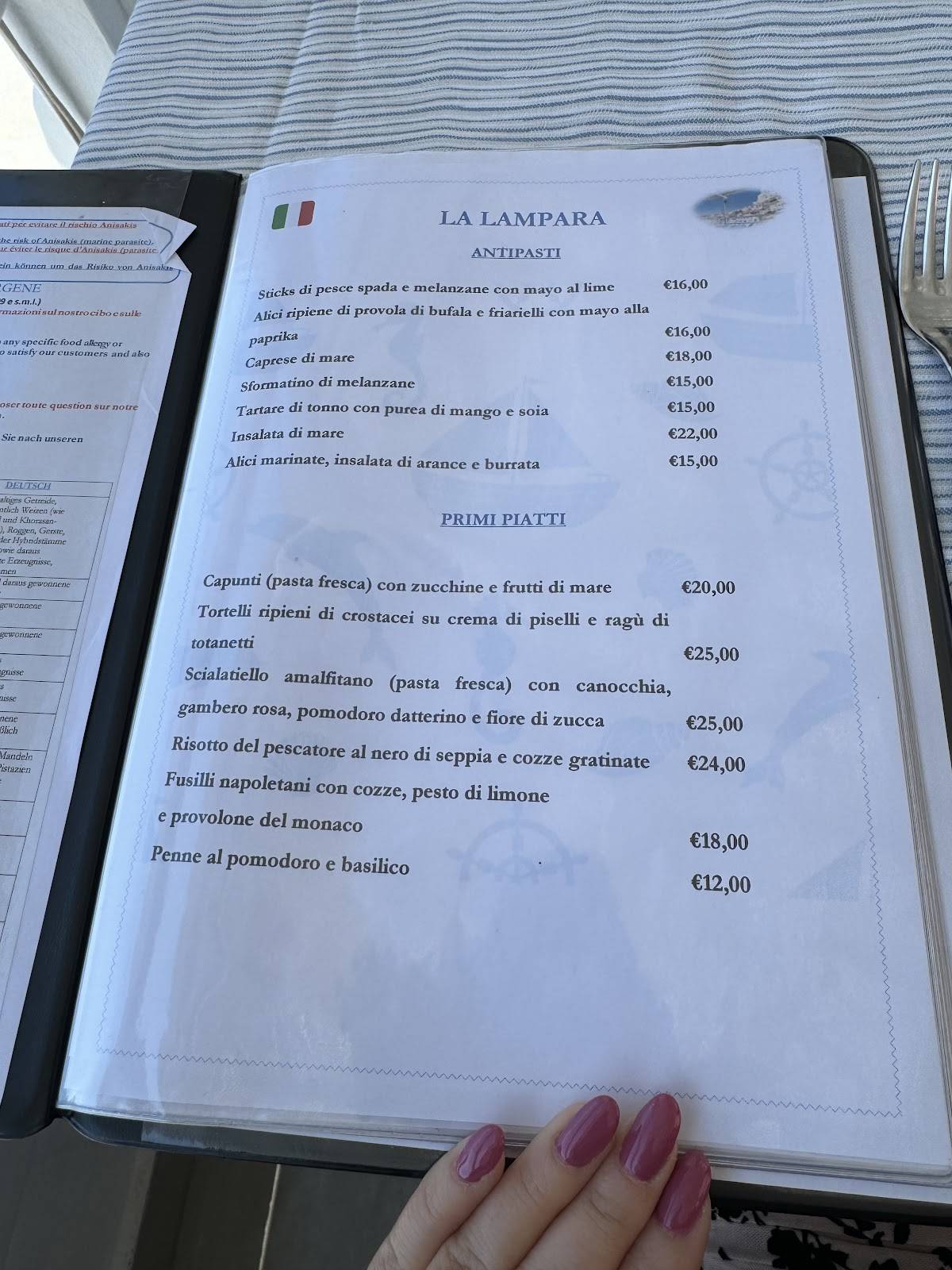 Menu at La Lampara restaurant, Procida