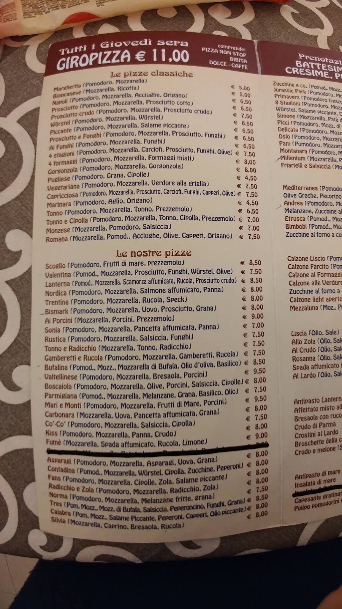 Menu at La Lanterna restaurant, Melzo