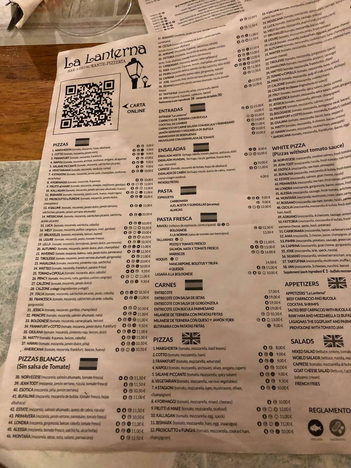 Menu at La Lanterna pizzeria, Peníscola