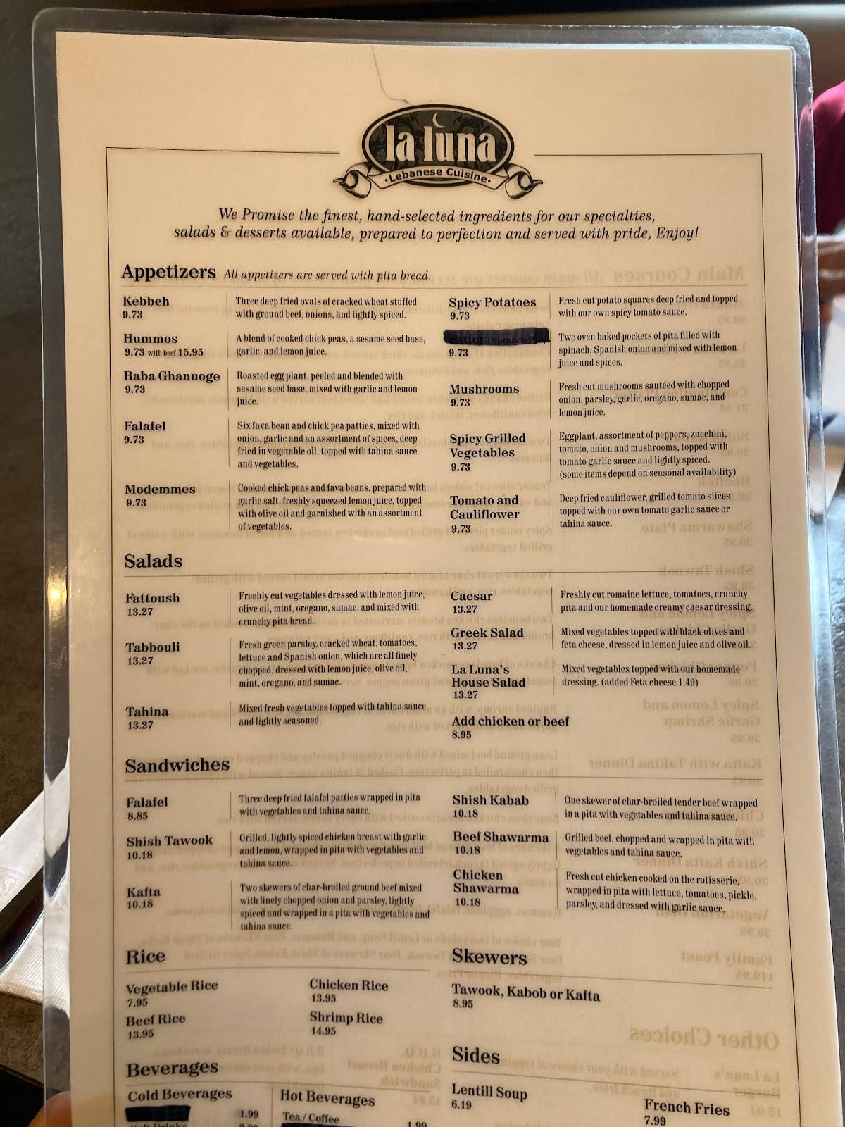 Menu at La Luna Mountain restaurant, Hamilton, 650 Concession St