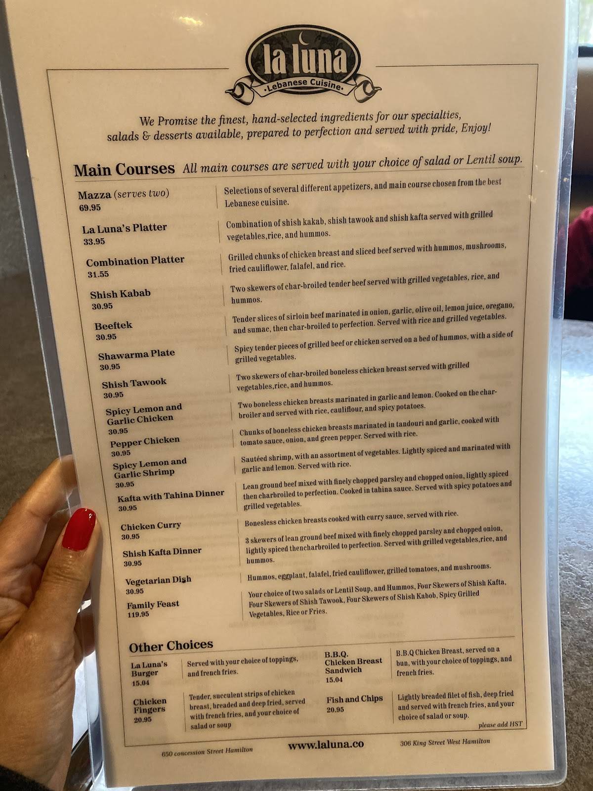 Menu at La Luna Mountain restaurant, Hamilton, 650 Concession St