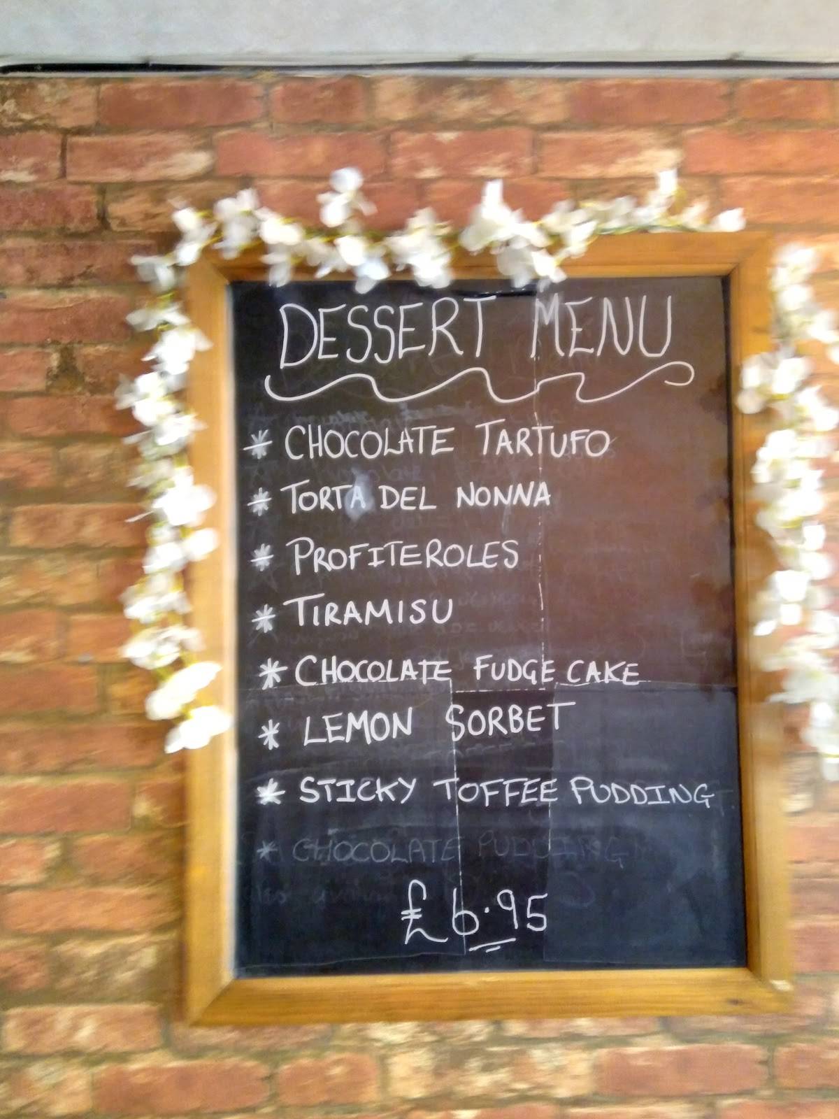 Menu at La Mensa restaurant, Rothbury