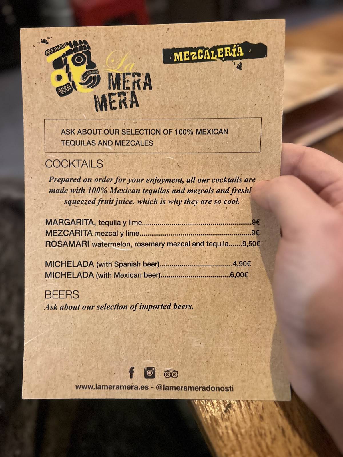 Carta del pub y bar La Mera Mera Donosti, San Sebastián