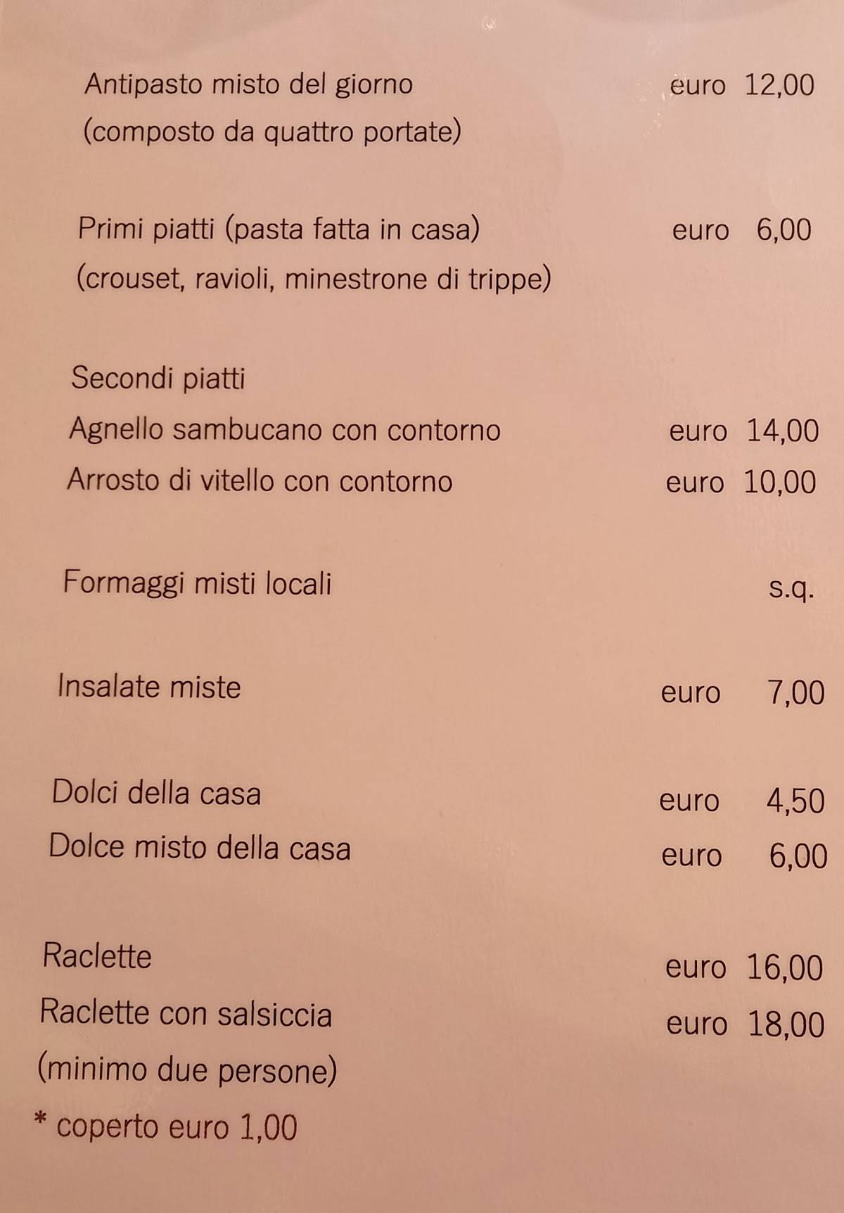 Menu au La Meridiana Di Bruna Daniele restaurant, Sambuco