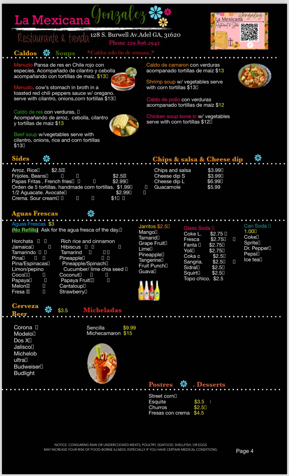 Menu at La Mexicana Gonzalez restaurant, Adel