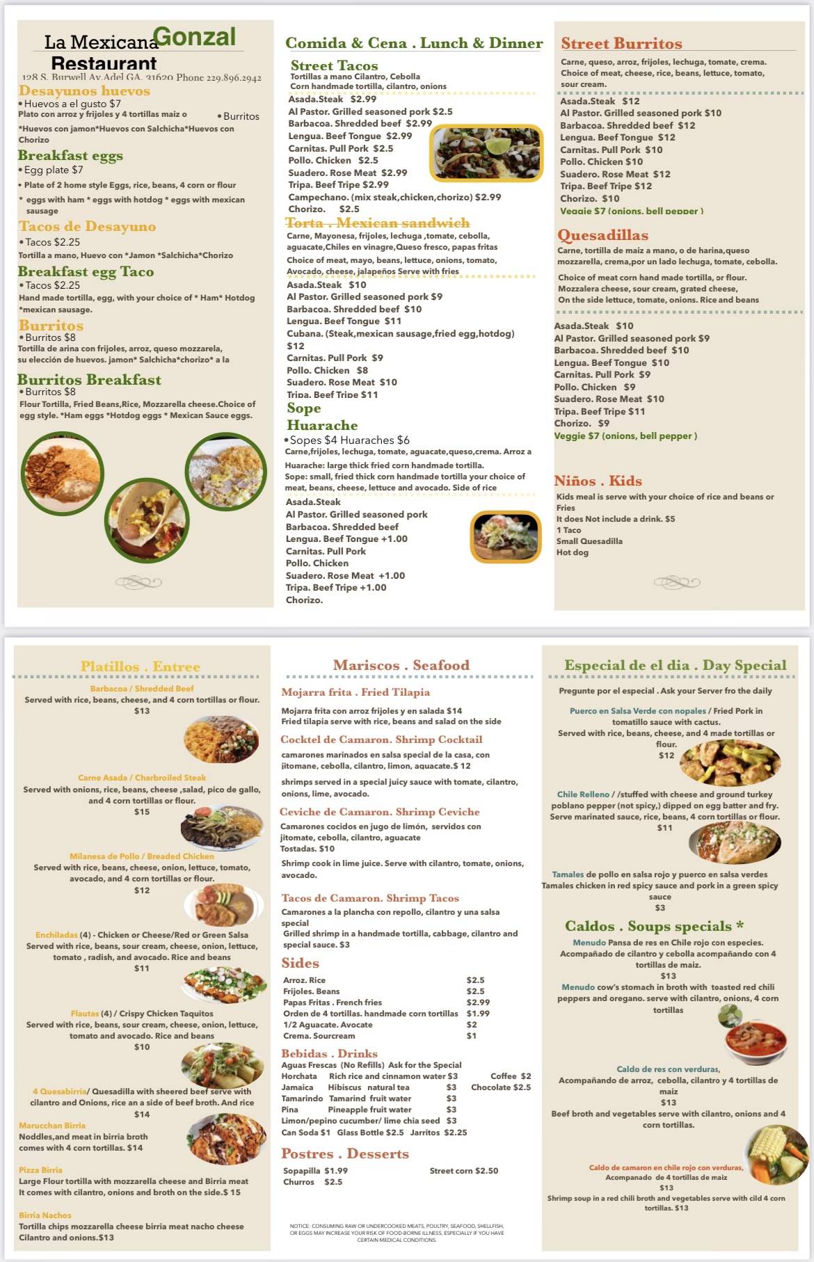 Menu at La Mexicana Gonzalez restaurant, Adel