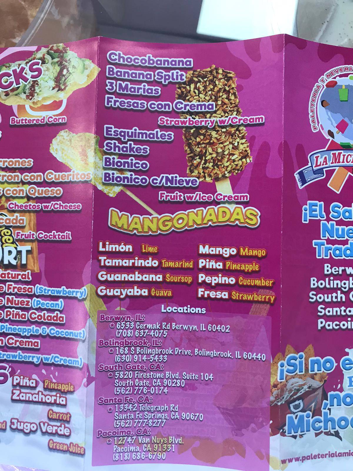 Menu at La Michoacana Pacoima "The Ice Cream Factory", Los Angeles, Van ...