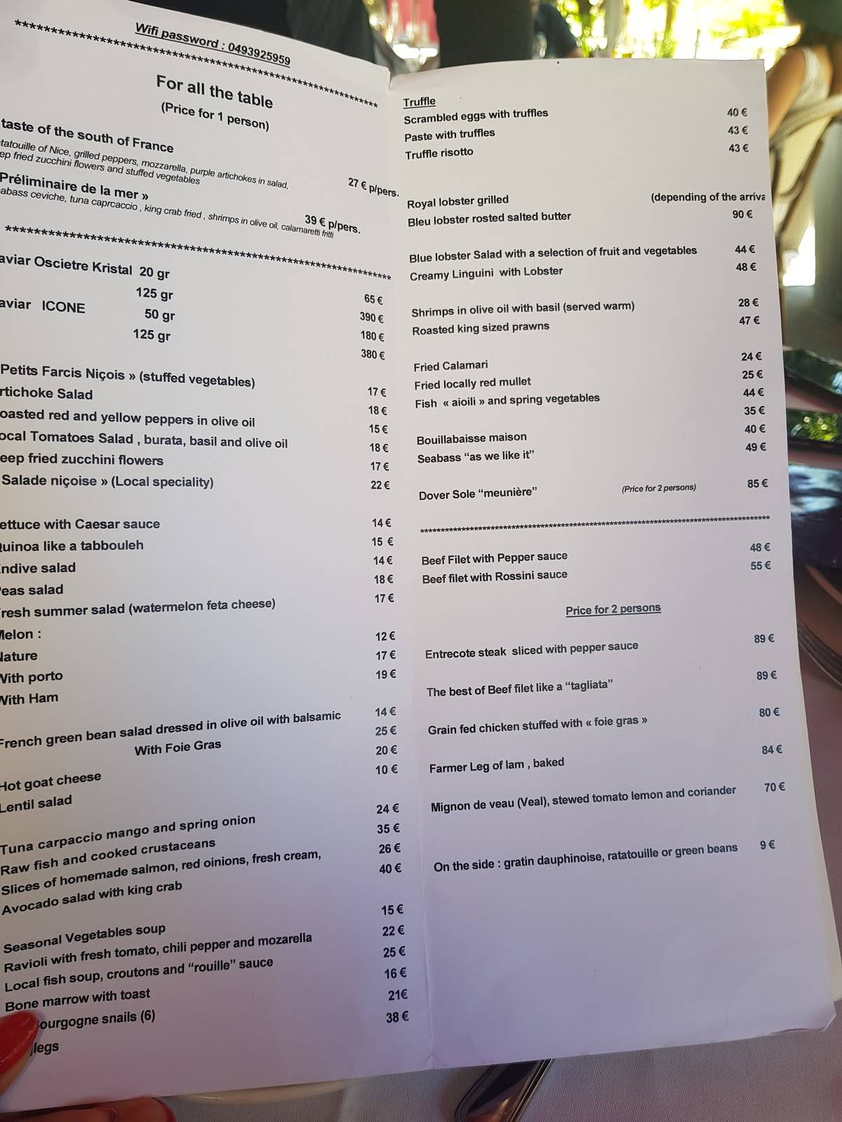 Menu at La Petite Maison restaurant, Nice