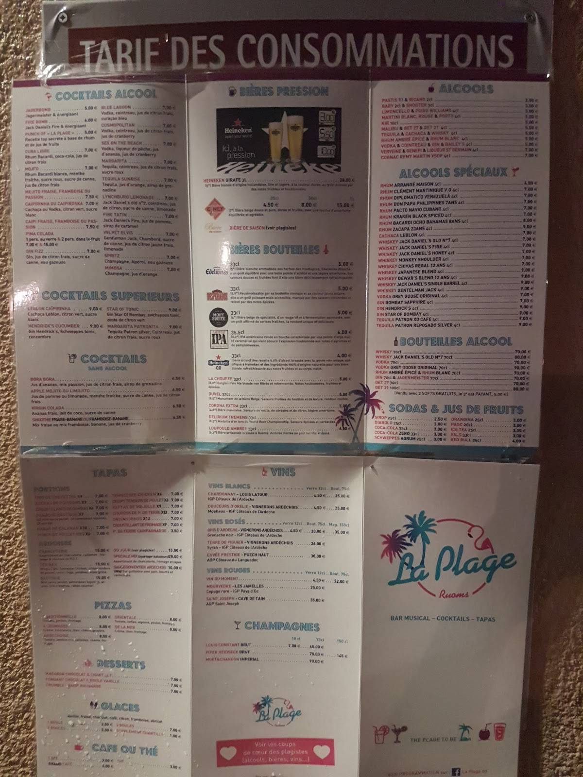 Menu au La Plage pub et bar, Ruoms