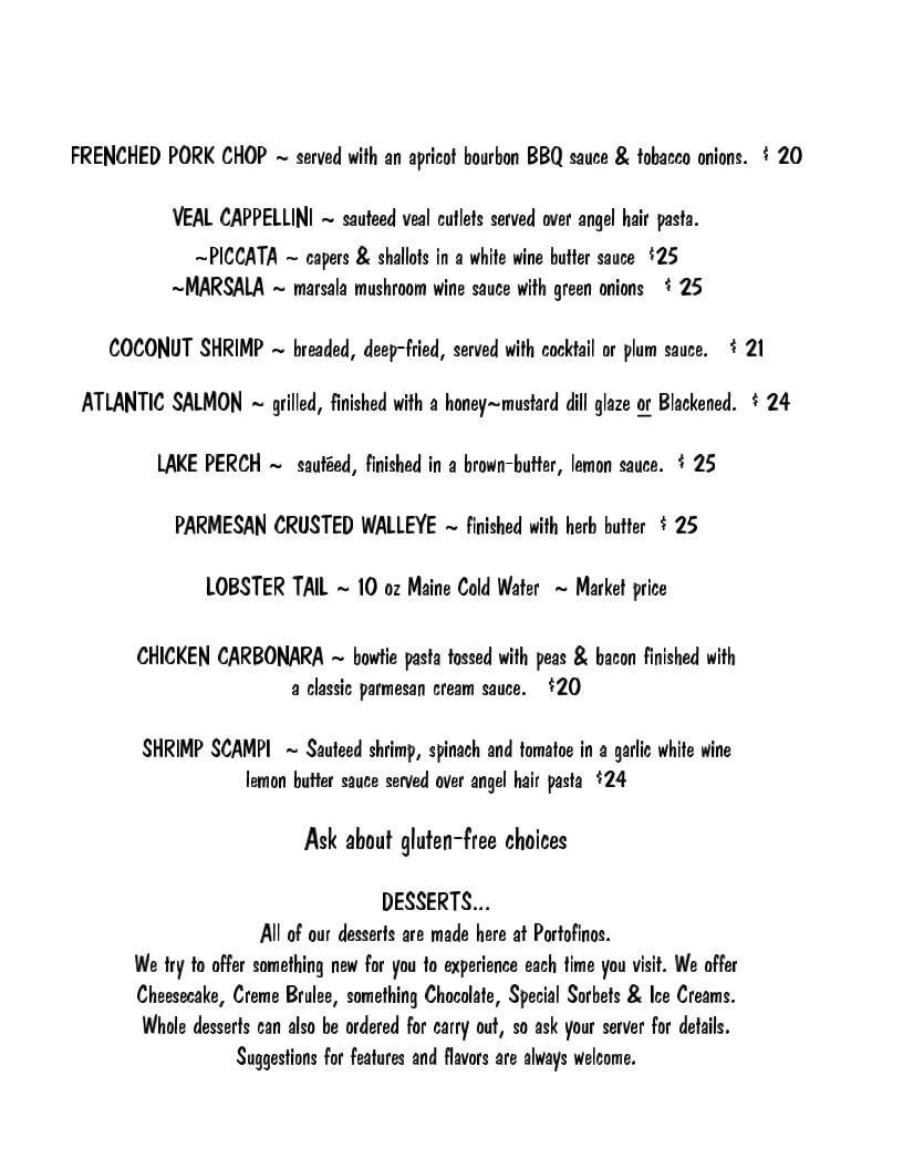 Menu at Portofino Grill restaurant, La Porte