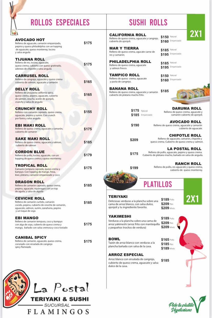Carta del restaurante La Postal Teriyaki & Sushi Suc Flamingos, Tijuana