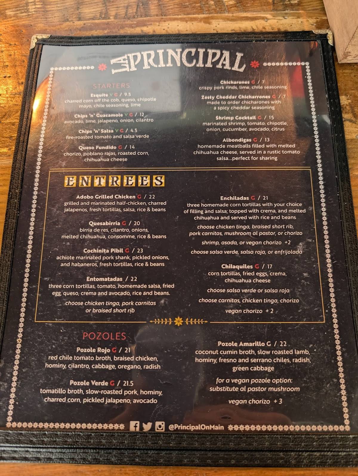 Menu at La Principal restaurant, Evanston