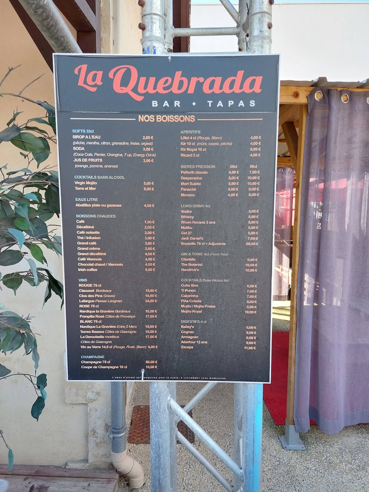 Menu au La Quebrada pub et bar, Andernos-les-Bains