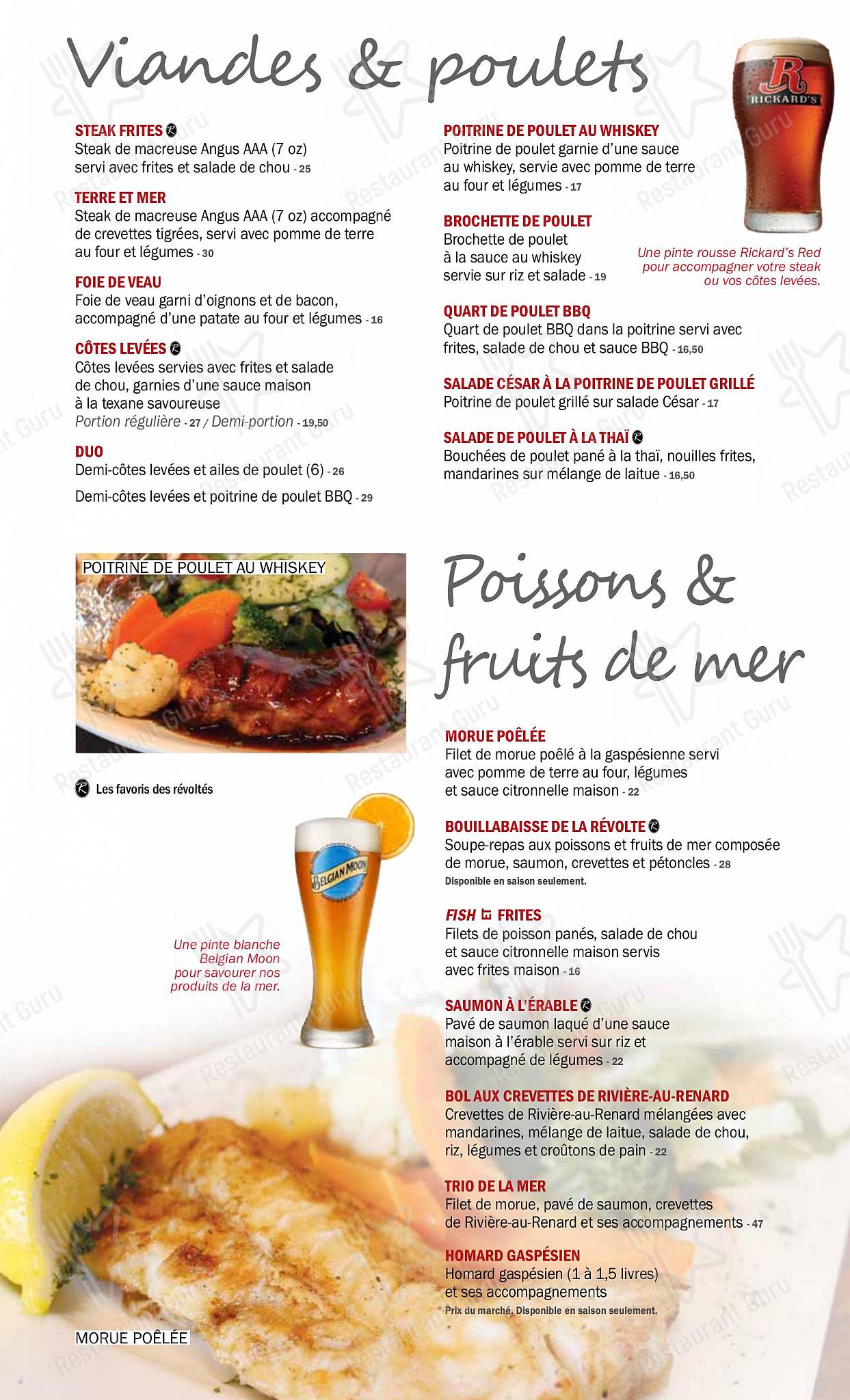 Menu au Resto-Pub La Révolte, Gaspé, 82 B Boulevard Renard Ouest