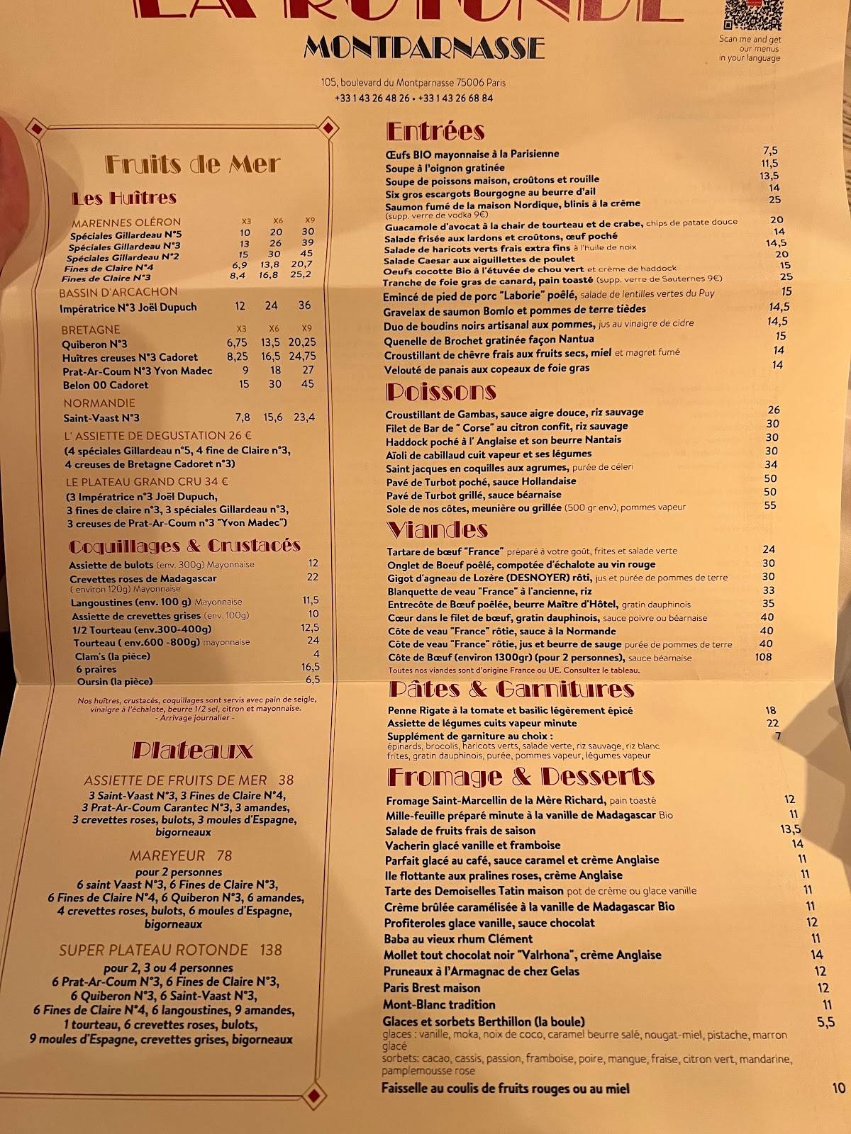 Menu au La Rotonde restaurant, Paris, 105 Boulevard du Montparnasse