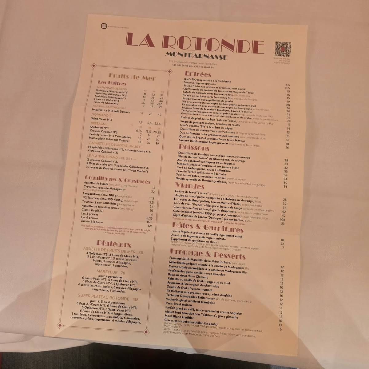 Menu at La Rotonde restaurant, Paris, 105 Bd du Montparnasse