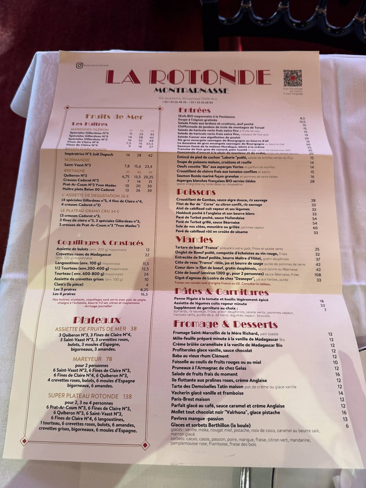 Menu at La Rotonde restaurant, Paris, 105 Bd du Montparnasse
