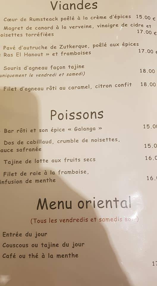 Menu at La Route des épices restaurant, Calais