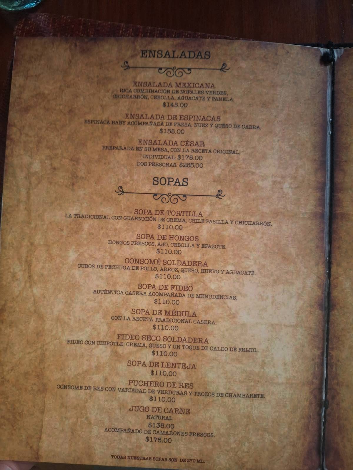Carta del pub y bar La Soldadera, Ciudad del México