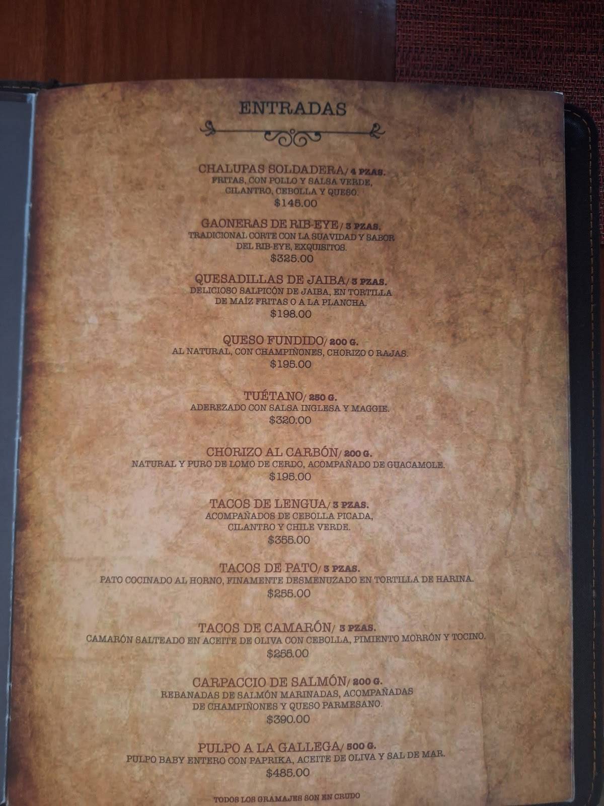 Carta del pub y bar La Soldadera, Ciudad del México