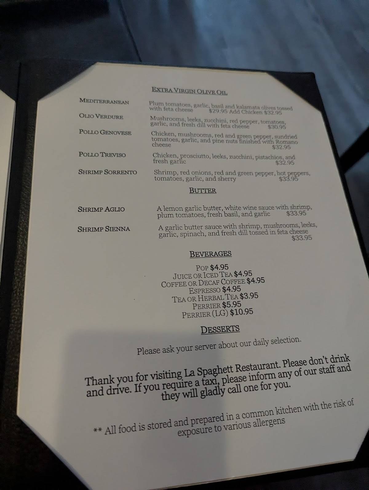 Menu at La Spaghett Pasta House restaurant, Hamilton