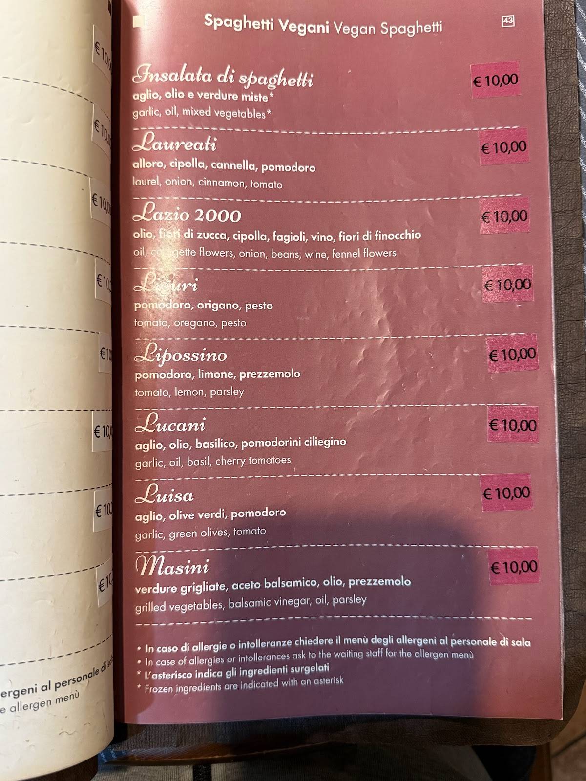 Menu da La Spaghetteria ristorante, Viterbo