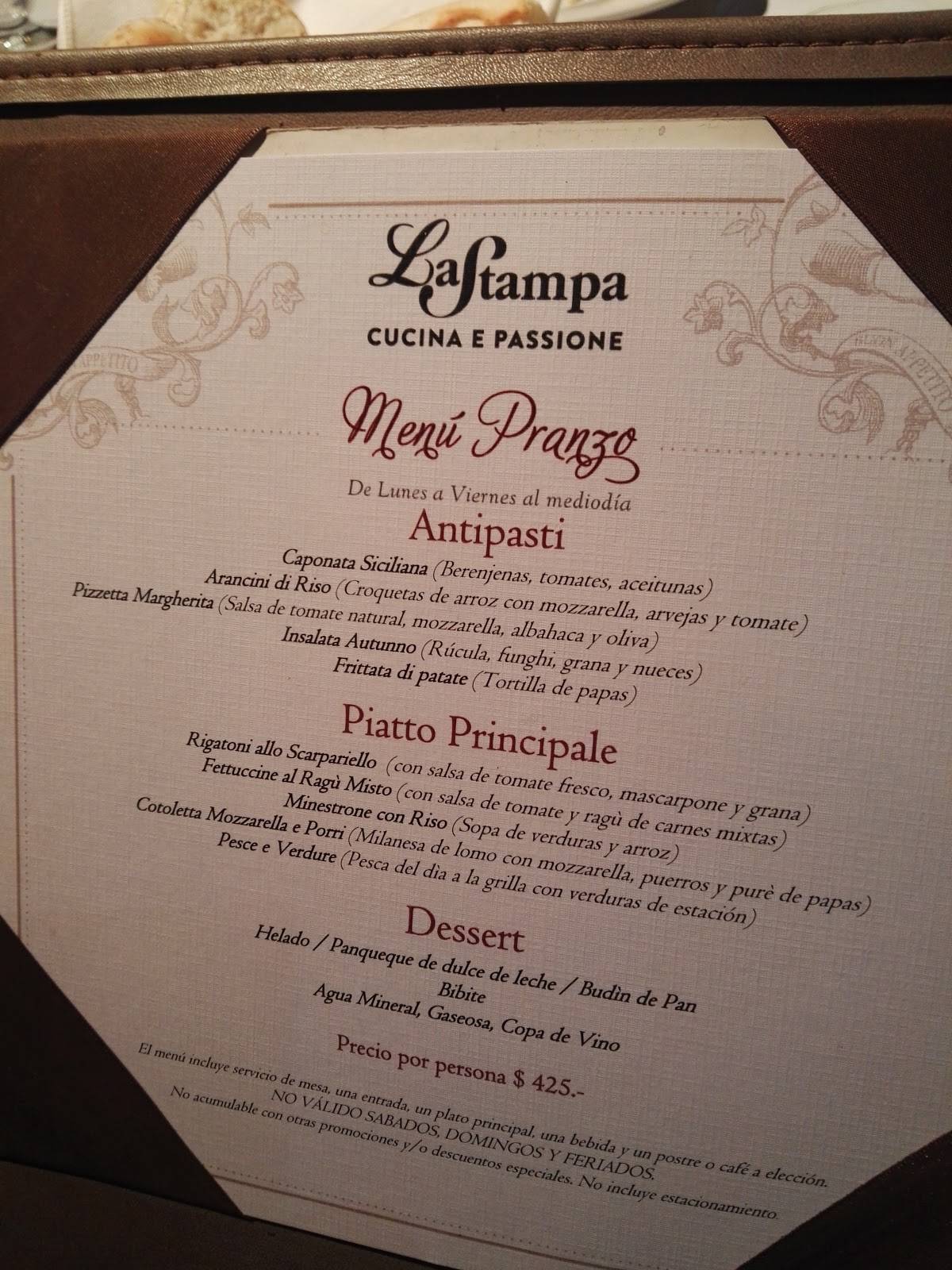 Carta del restaurante La Stampa, Buenos Aires, Jerónimo Salguero 2741