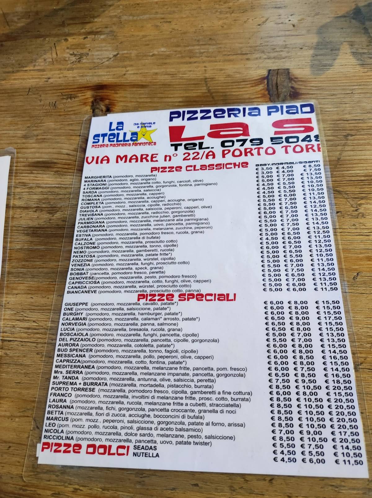 Menu da La Stella ristorante, Porto Torres