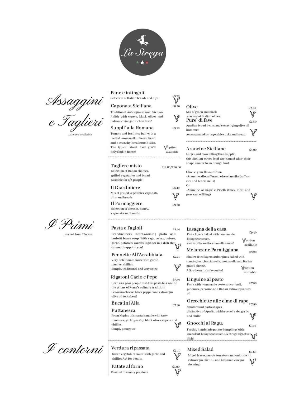 Menu at La Strega restaurant, Ely