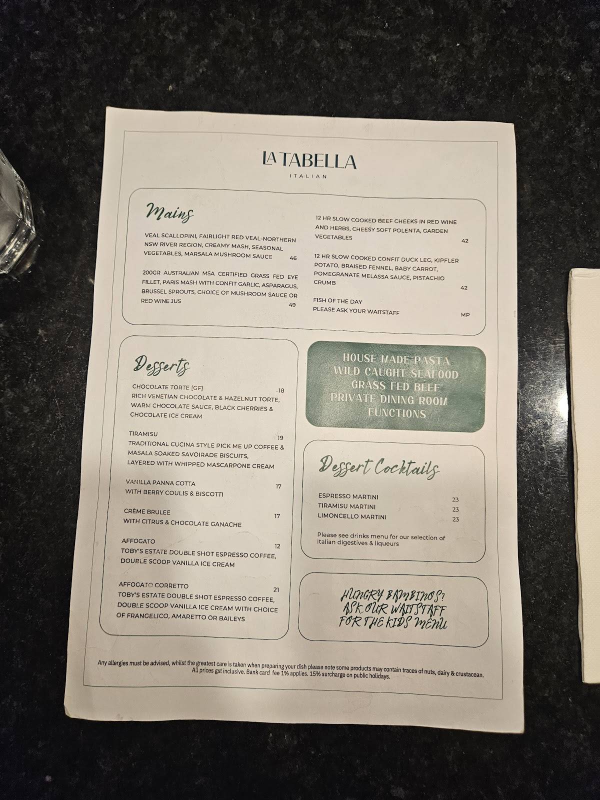 Menu at La Tabella Italian restaurant, Airlie Beach