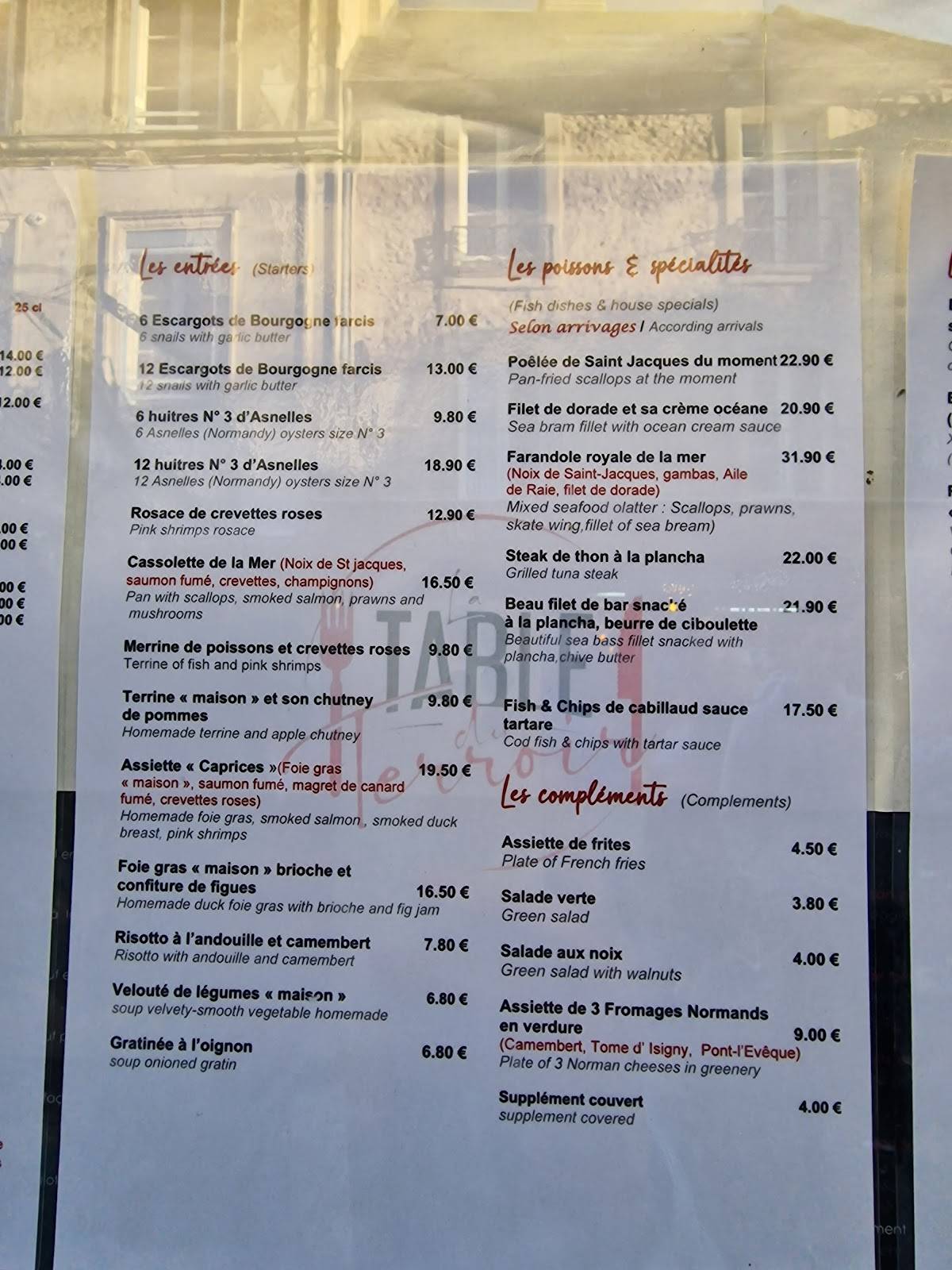 Menu au La Table du Terroir restaurant, Bayeux