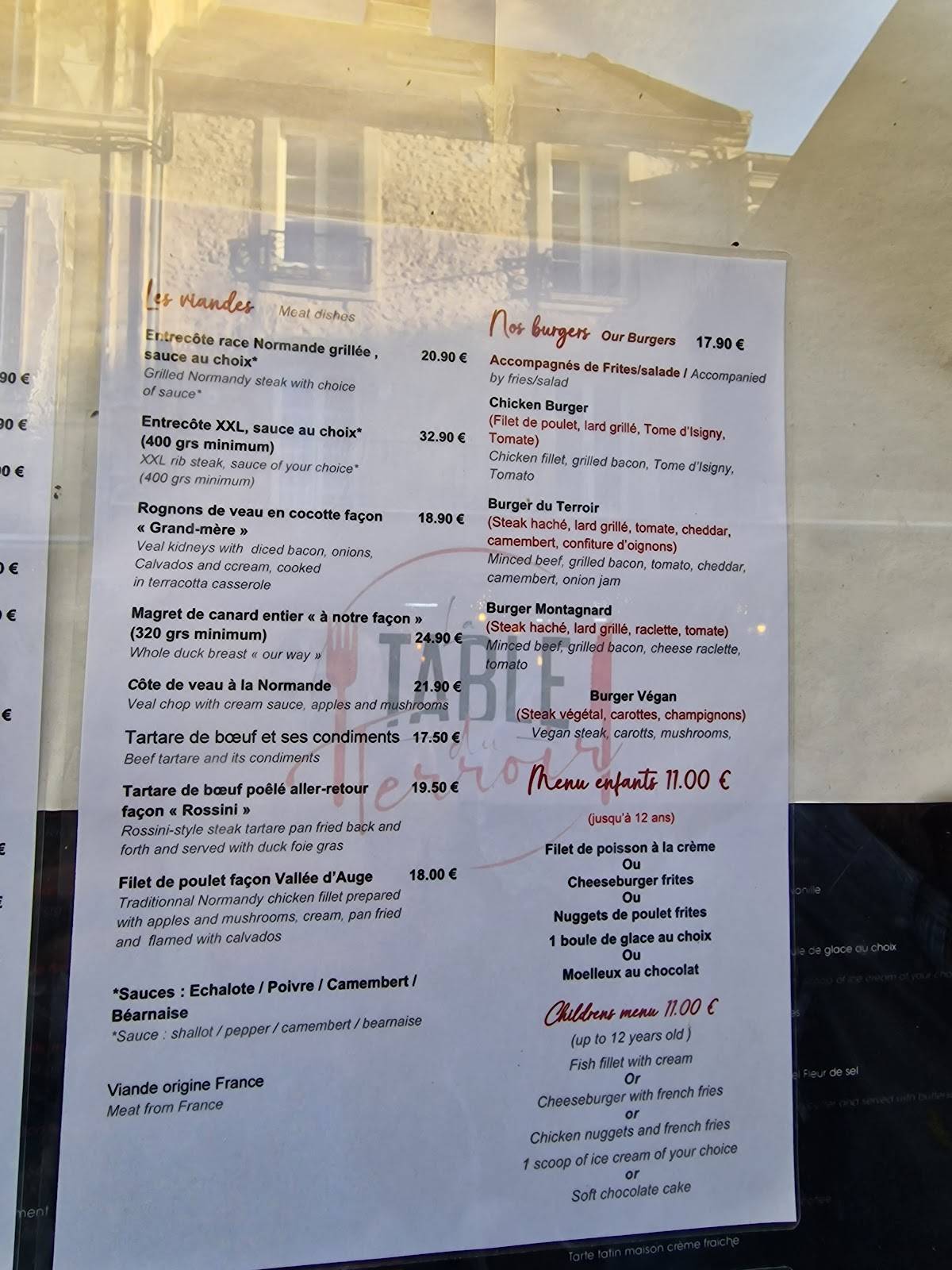 Menu au La Table du Terroir restaurant, Bayeux