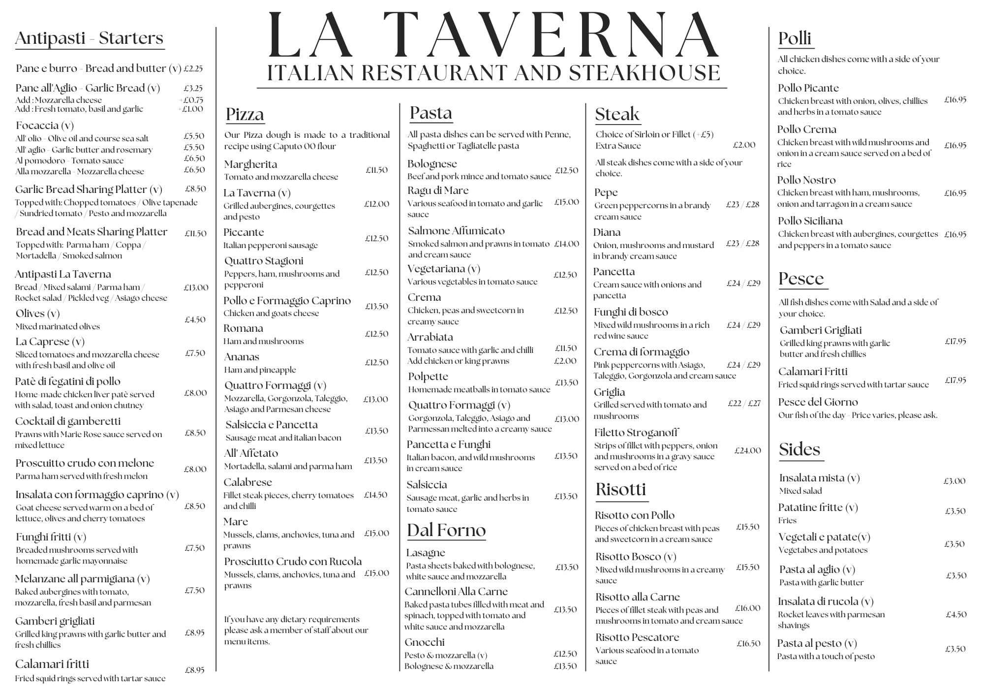 Menu at La Taverna restaurant, Llandudno