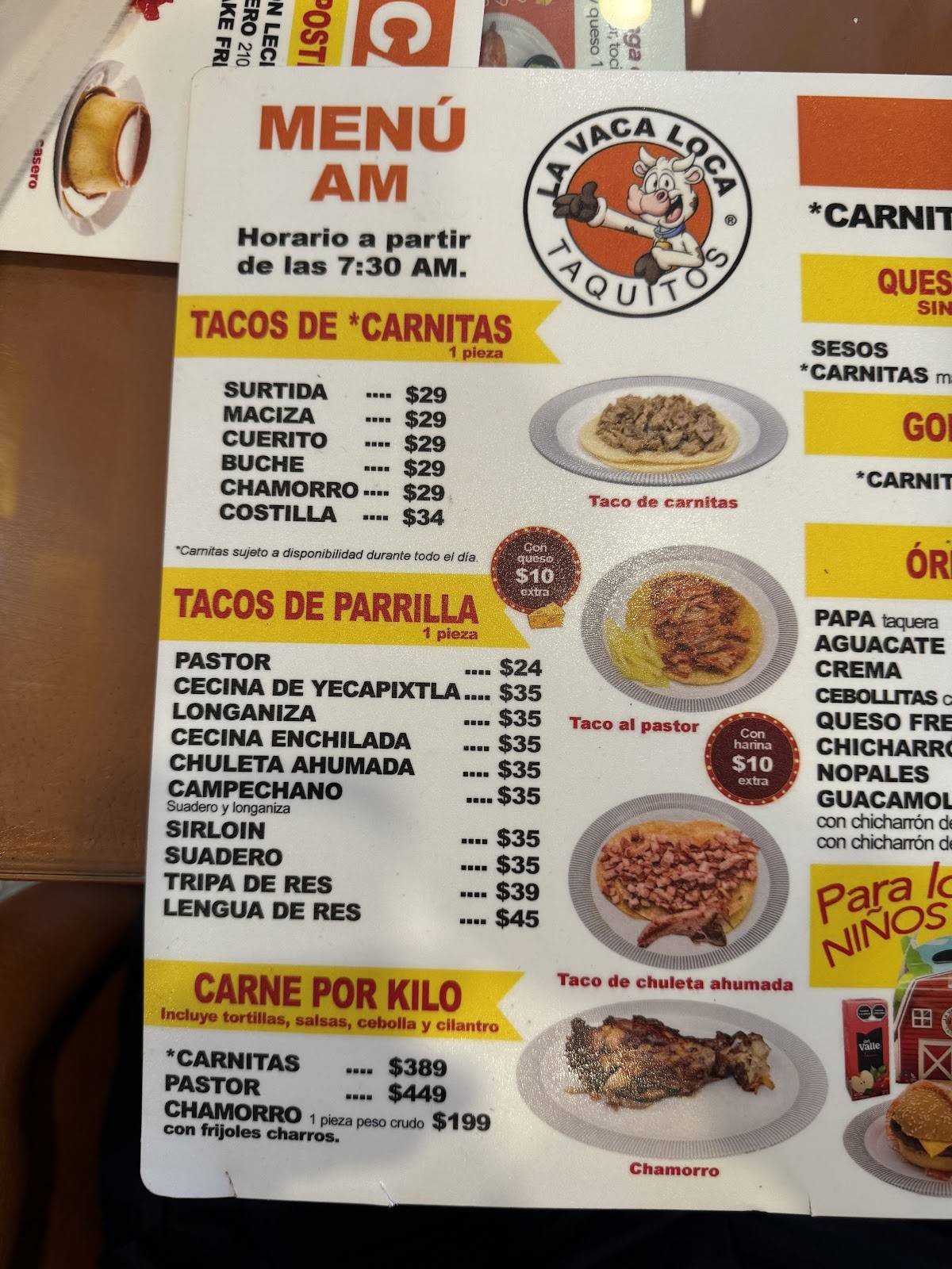 Carta del restaurante La Vaca Loca, Cancún