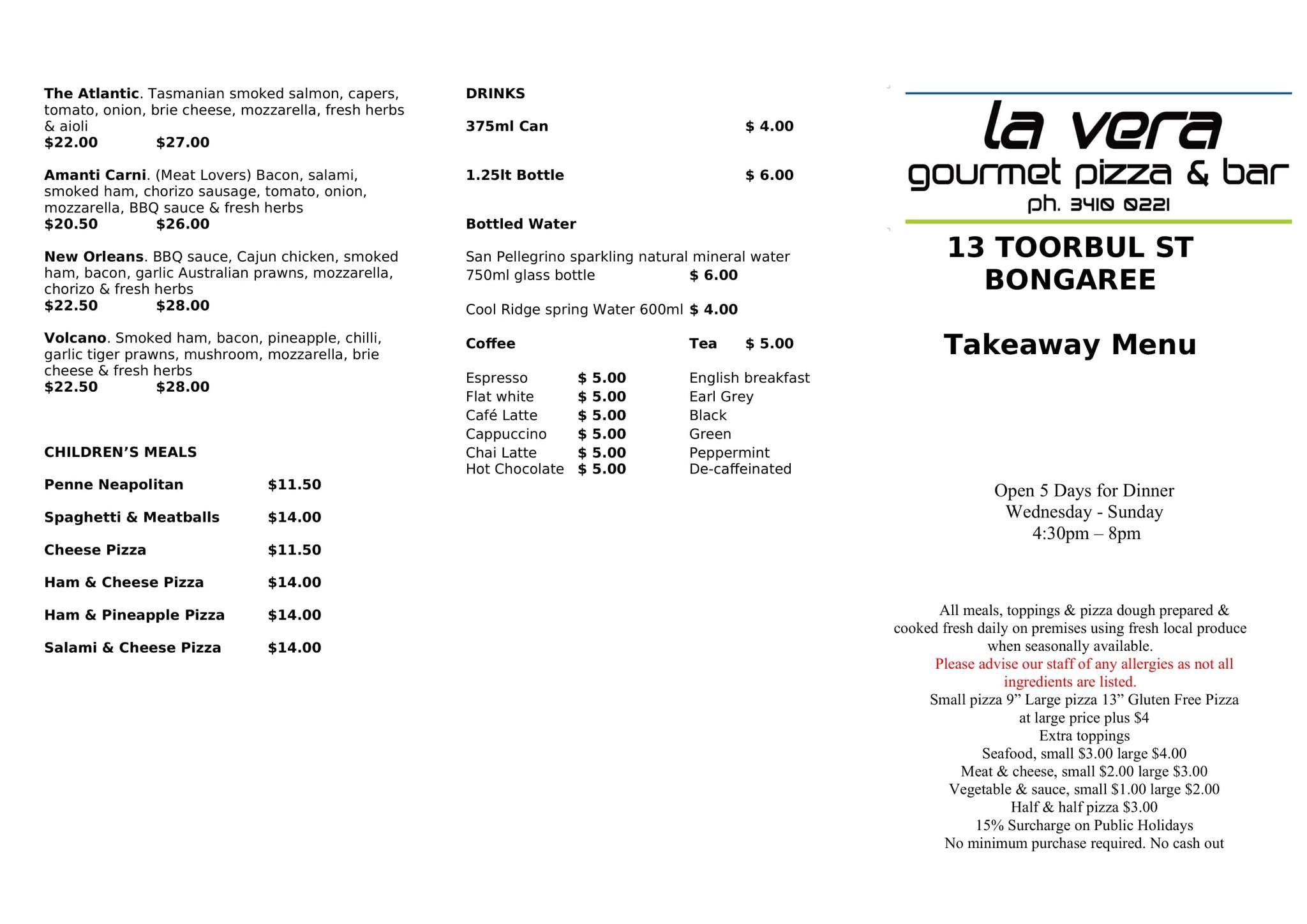 Menu at La Vera Gourmet Pizza & Bar, Bongaree