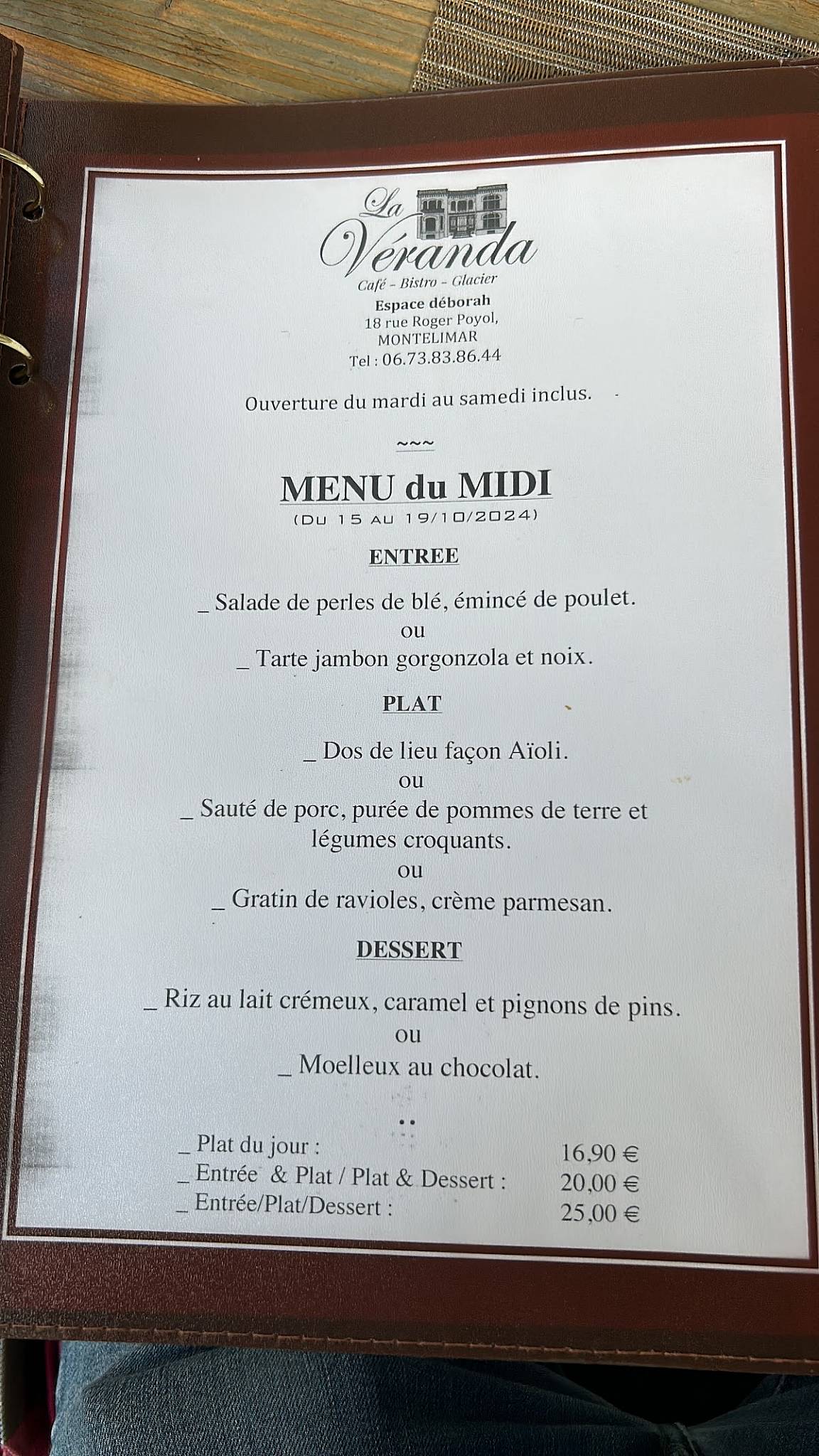 Menu au La Véranda restaurant, Montélimar